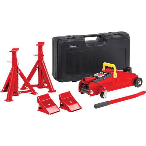 Clarke CGLK1 5-Piece 2 Tonne Trolley Jack, Chock and Axle Stand Set ...