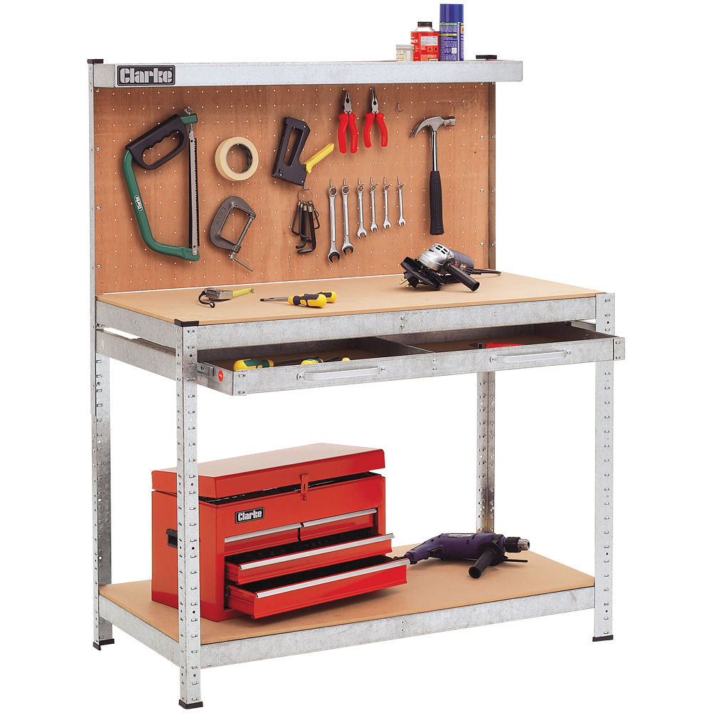 Clarke CWBG1B Galvanised Workbench with Pegboard Back Panel & Large ...